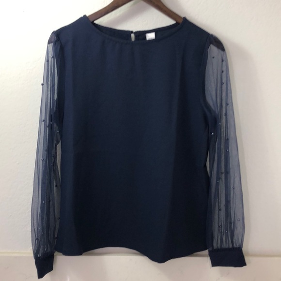 Tops | Midnight Blue Blouse With Sheer Arms | Poshmark